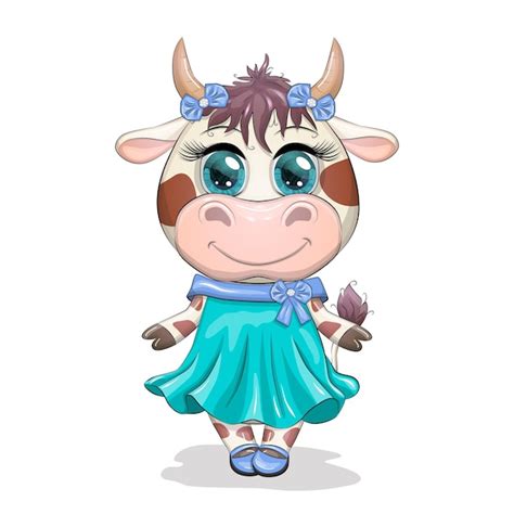 Jolie Fille De Vache De Dessin Animé Avec De Beaux Yeux Dans Une Robe