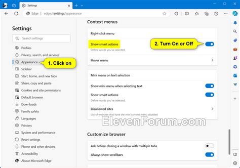 enable or disable smart actions on context menus in microsoft edge
