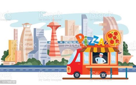 길거리 음식 피자 패스트 푸드를 판매하는 트럭 큰 도시의 배경에 서 벡터 일러스트 건강에 좋지 않은 음식에 대한 스톡 벡터 아트