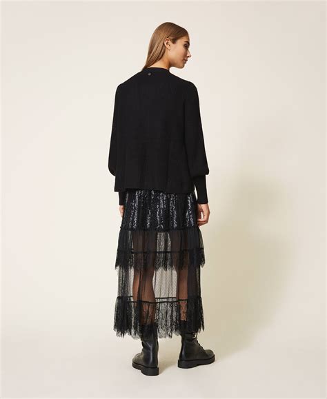 Jupe Longue En Tulle Et Dentelle Avec Sequins Femme Noir Twinset Milano