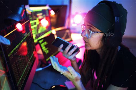 Computer Screen Phone Call Or Girl Hacker In Basement In Dark Room At Night For Hacking