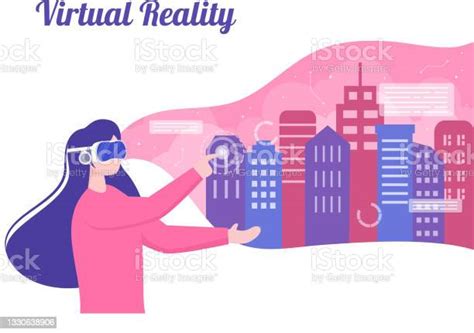 Vr 안경 엔터테인먼트 또는 교육을 위한 가상 현실 세계 아키텍처를 통해 여행의 게임 장비 시뮬레이션 배경 벡터 일러스트레이션