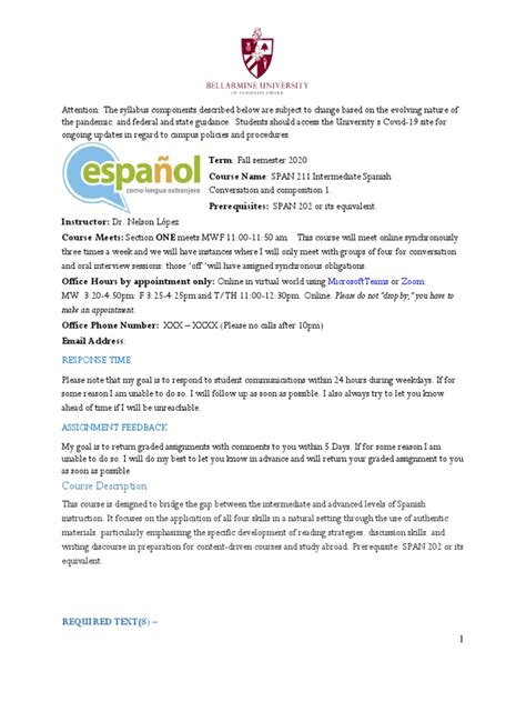Syllabus Span 211 01 Fall 2020 Bellarmine University Pdf Test