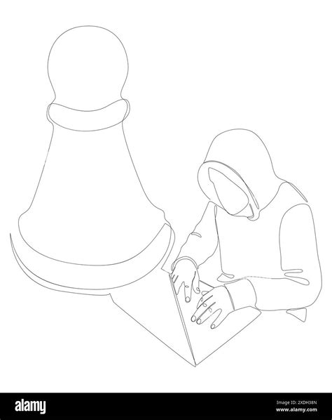 One Continuous Line Of Hacker With Laptop And Chess Pawn Thin Line