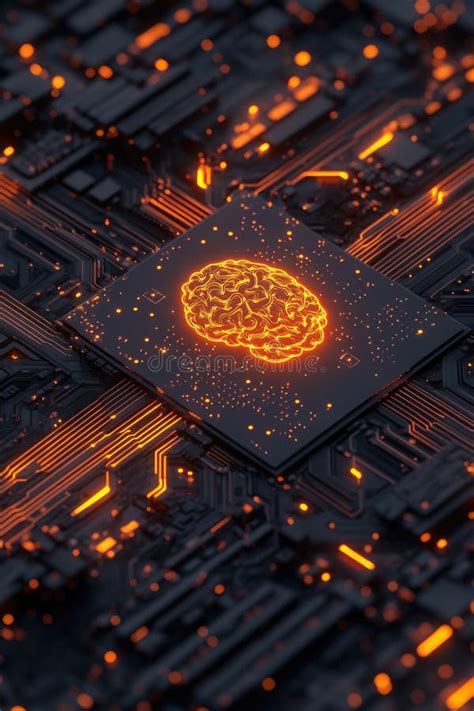 A Futuristic Circuit Board Featuring A Glowing Brain Component Stock