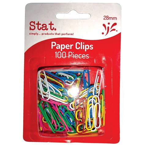 Clips And Fasteners Stat Paper Clips 28mm Pack Of 100 Assorted Colours