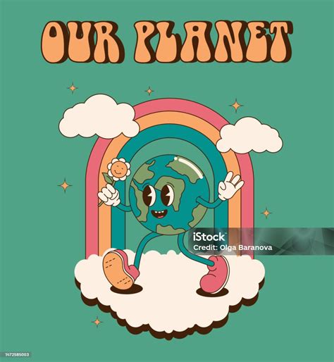 빈티지 포스터 디자인 템플릿 우리의 행성 글자 벡터 삽화와 함께 걷는 행복한 지구 행성 캐릭터와 엽서 기후 묘사에 대한 스톡 벡터 아트 및 기타 이미지 Istock