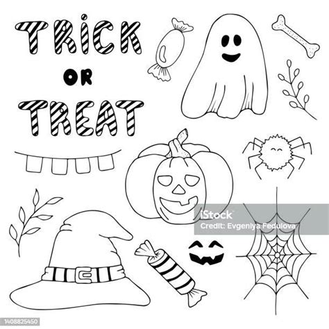 할로윈 클립 아트의 벡터 낙서 세트 재미있는 손 그리기 계절 디자인을위한 귀여운 일러스트레이션 직물 어린이 놀이방 장식 또는 인사말 카드 호박 유령 마녀 모자 등 10월에