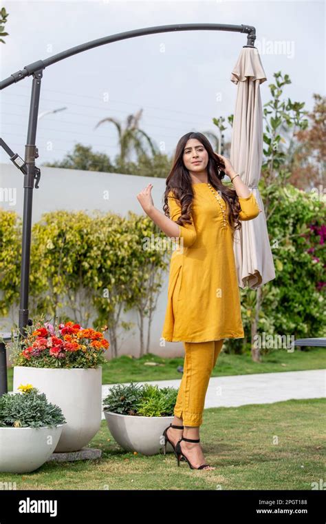 Female Model Posing Outdoors Wearing Summer Dress Indian Pakistani