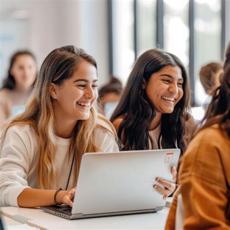 Portrait Of Happy Girls Working On Laptop In Class In Professional