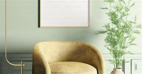 녹색 벽과 모형 포스터가 있는 현대적인 거실에 노란색 안락의자가 있는 인테리어 대리석 타일 바닥에 플로어 램프 홈 디자인 3d 렌더링 사진 Unsplash의 거실 이미지