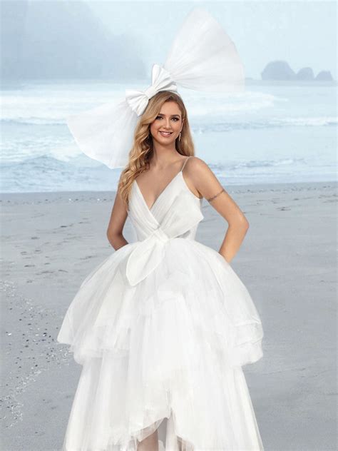 A Lineprincess V Neck Tea Length Wedding Dress Mondressy
