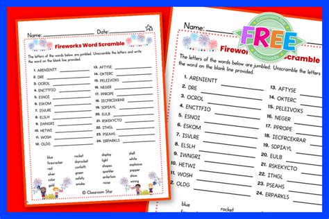 Fourth Of July Fireworks Word Scramble Classroom Star Worksheets