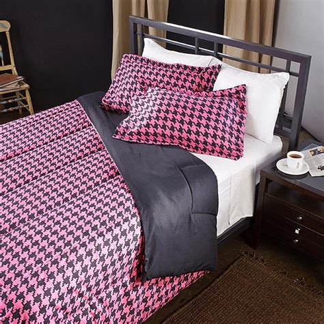 Pink Black Houndstooth 3 Piece Full Queen Size Comforter Set Free