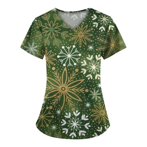 Rpvati Christmas Short Sleeve Scrub Tops Women Christmas Snowflake