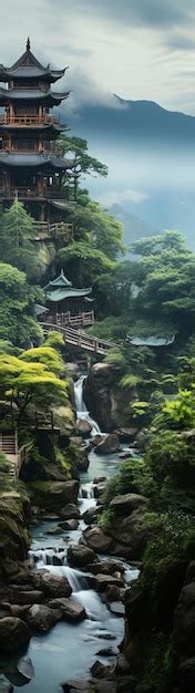 Premium Photo Beautiful Asian Landscape With Jungle Temple And Waterfalls
