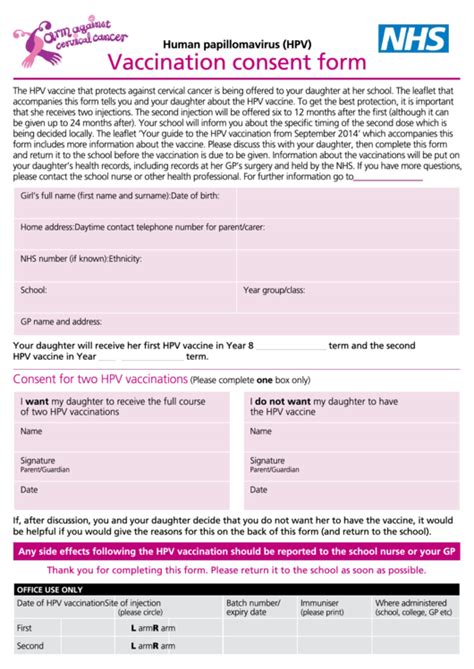 Hpv Vaccination Consent Form Nhs Printable Pdf Download