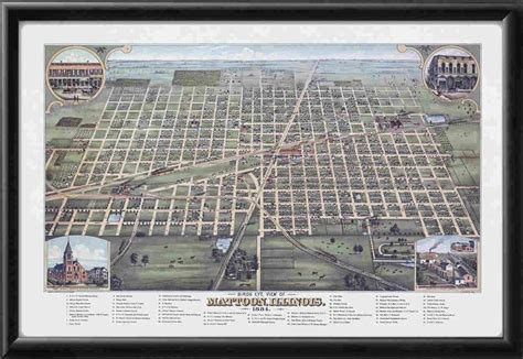 Mattoon Illinois 1884 Historic Map Restored Birds Eye View Birds