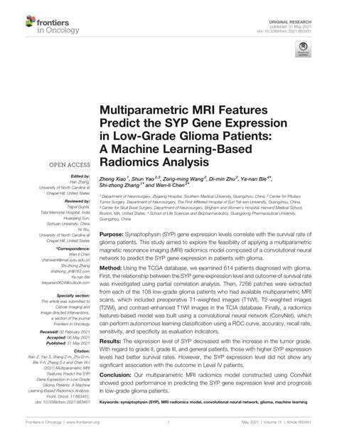 PDF Multiparametric MRI Features Predict The SYP Gene Expression In Low Grade Glioma Patients