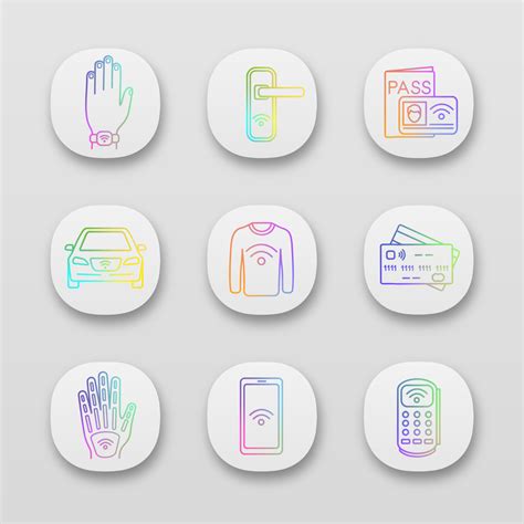 NFC Technology App Icons Set Near Field Bracelet Door Lock Identification System Car