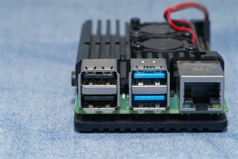 rj45 and usb ports closeup on raspberry pi 4 board editorial photo