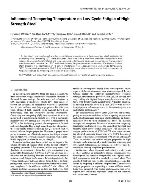Influence Of Tempering Temperature On Low Cycle Fatigue Of High Strength Steel 2014 Pdf