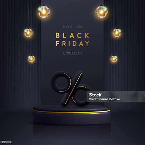 블랙 프라이데이 빅 세일 쇼케이스 배경 3d 연단과 Electirc 램프 벡터 일러스트 레이 션 검은색에 대한 스톡 벡터 아트 및 기타 이미지 Istock