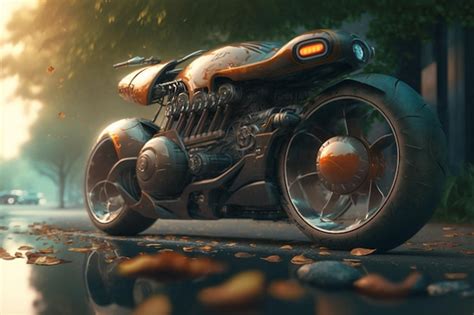 Una Motocicleta Bajo La Lluvia Con Hojas En El Suelo Foto Premium