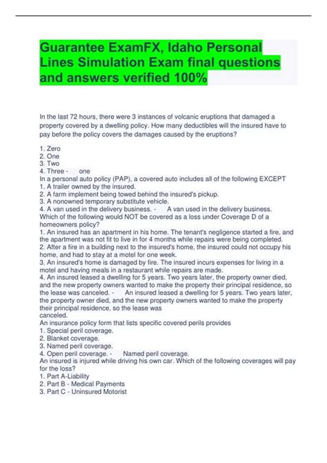 Guarantee ExamFX Idaho Personal Lines Simulation Exam Final Questions