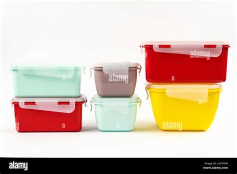 Plastic Multi Colored Containers For Food Products Isolated On White