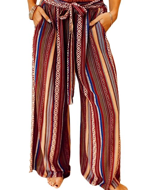 Red Ethnic Stripe Boho Wide Leg Pants With Tie Waistplus Dress Silk