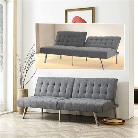 MAYKOOSH 68 5 In W Gray Tufted Split Back Futon Sofa Bed Linen Couch Bed 3 Seat Futon