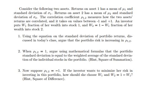 solved consider the following two assets returns on asset l