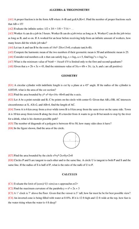 Test Questions Algebra Trigo Geo Calc Algebra And Trigonometry [a1