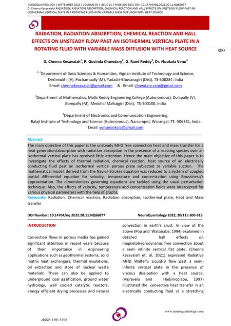 Pdf Radiation Radiation Absorption Chemical Reaction And Hall Effects On Unsteady Flow Past