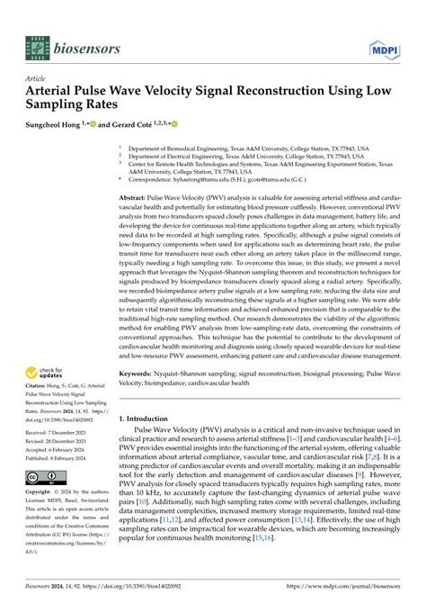 Pdf Arterial Pulse Wave Velocity Signal Reconstruction Using Low Sampling Rates