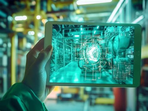 Augmented Reality In Industry 40 Tablet For Smart Machine Maintenance In Smart Factory Premium