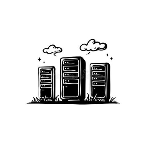 stylized server rack illustration with cloud accents representing