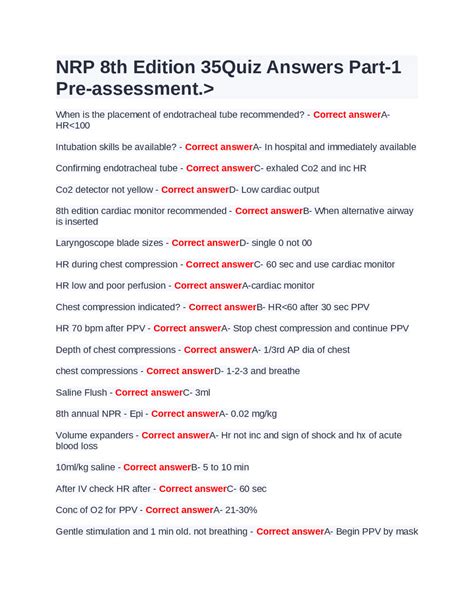 NRP Quiz Answers Part 1 Neonatal Resuscitation Program Exams Nursing Docsity