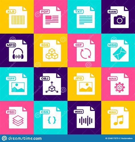 Set WAV File Document MAX MSG TXT DS MP XLS And GIF Icon Vector Stock Vector