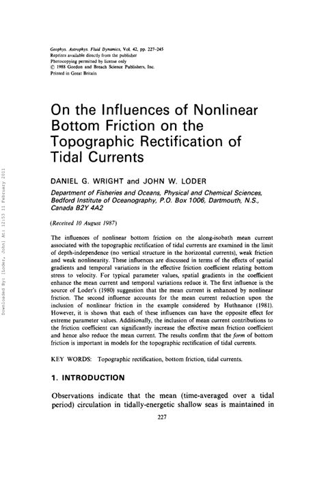 Pdf On The Influences Of Nonlinear Bottom Friction On The Topographic Rectification Of Tidal