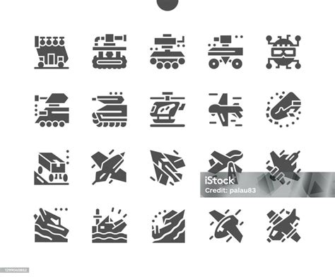 미래의 군사 장비 전쟁 무술 군인 전투기 초음속 비행기 군사 탱크 로봇 비행기 헬리콥터 혁신과 기술 벡터 솔리드 아이콘입니다 간단한 그림 가득 찬에 대한 스톡 벡터 아트 및