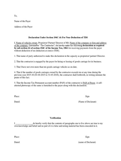 Transporter Declaration Format For Non Deduction Of Tds In Pdf Pdf