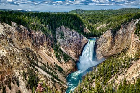 옐로 스톤의 그랜드 캐년 로어 폴의 벼랑 끝 낮은 폭포가 내려다 보입니다 협곡과 강 옐로 스톤 국립 공원의 아름 다운 풍경 폭포 강 숲 산 하늘 미국 0명에 대한 스톡 사진