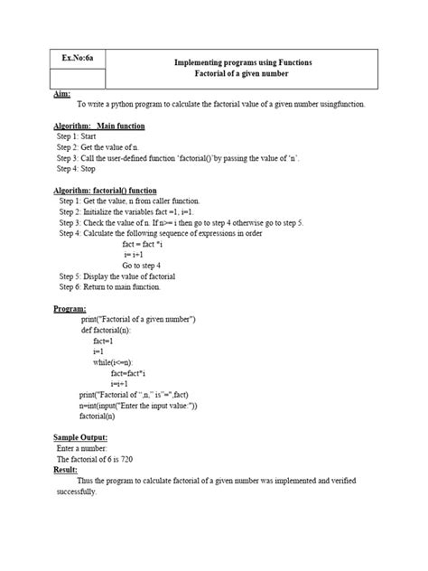 Implementing Programs Using Functions Factorial Of A Given Number Pdf Area String