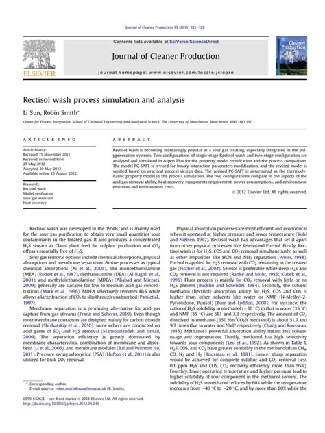Rectisol Wash Process Simulation And Analysis Download Free Pdf Carbon Dioxide Chemical