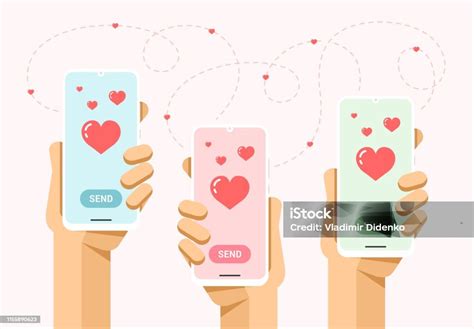 인간의 손에 스마트 폰 모형 전 세계의 소셜 미디어 커뮤니케이션 사랑 메시지 보내기 버튼 벡터 플랫 다채로운 기술 일러스트 낮에 대한 스톡 벡터 아트 및 기타 이미지