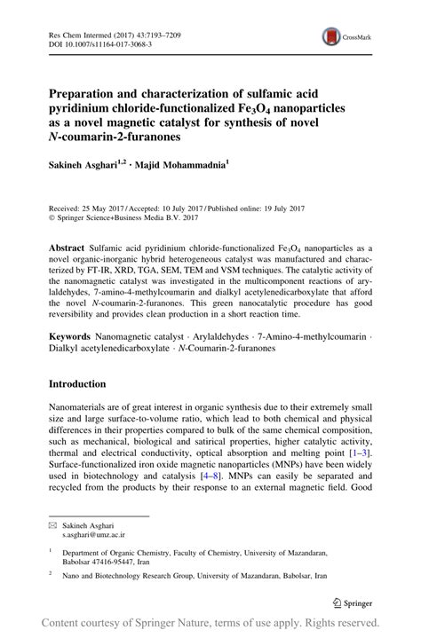 Preparation And Characterization Of Sulfamic Acid Pyridinium Chloride Functionalized Fe3o4