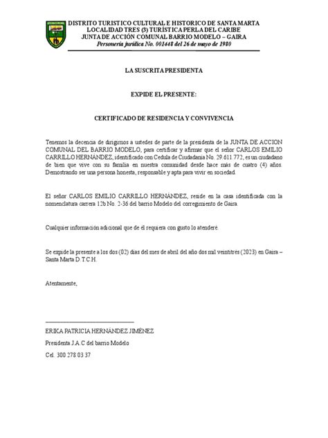 Certificado De Residencia Y Convivencia Pdf