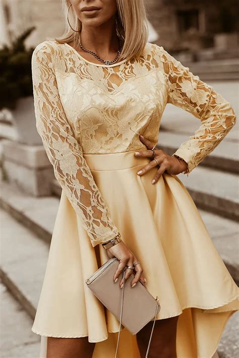 Spliced Lace High Low Long Sleeve Dress